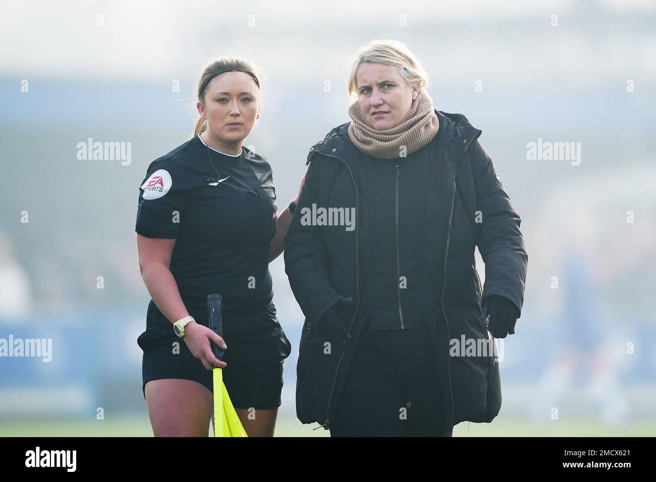 Chelsea manager Emma Hayes speaks with the assistant referee during the ...