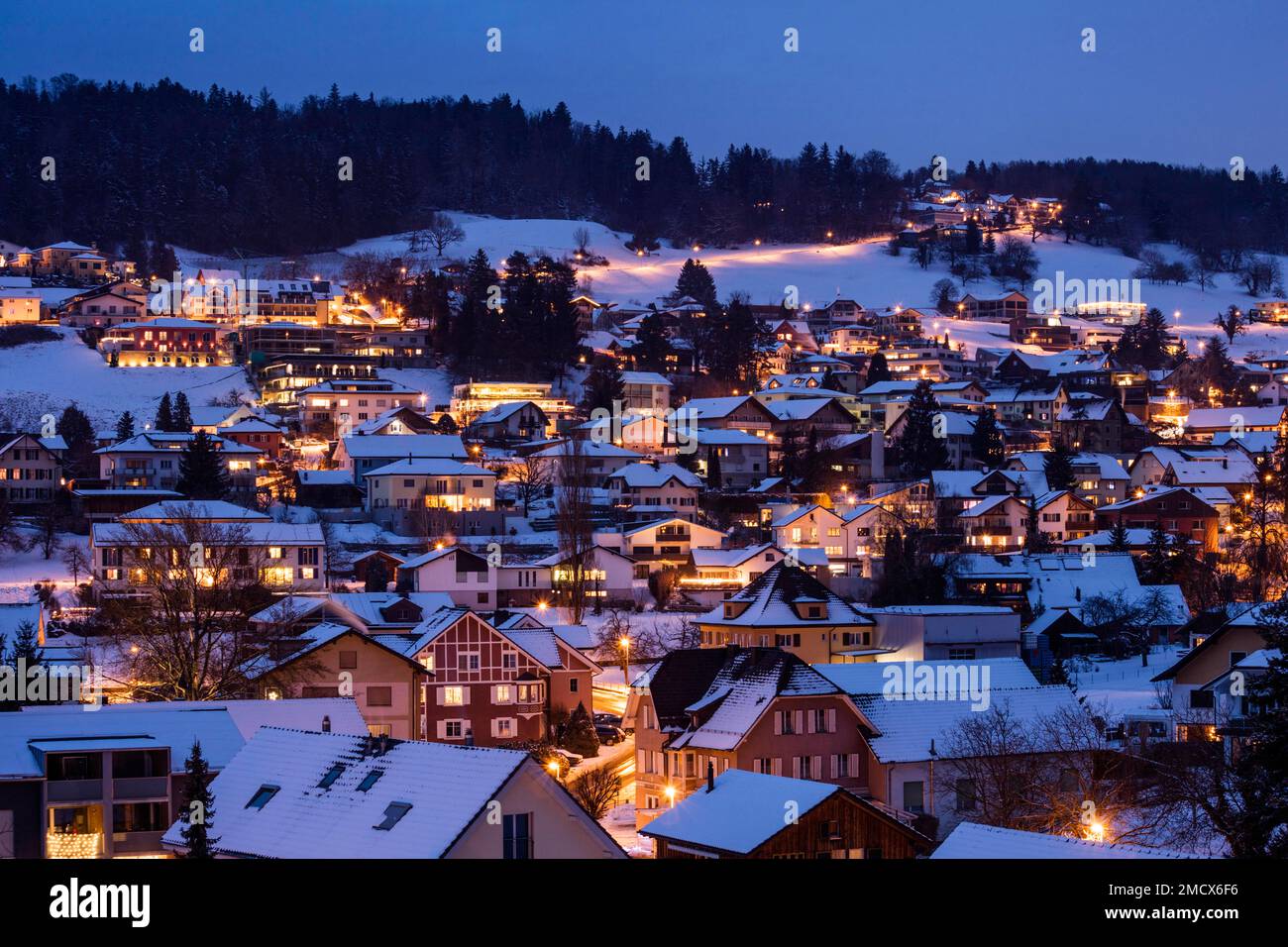 Evening mood, blue hour, twilight, village, houses, Mauren, Rhine ...