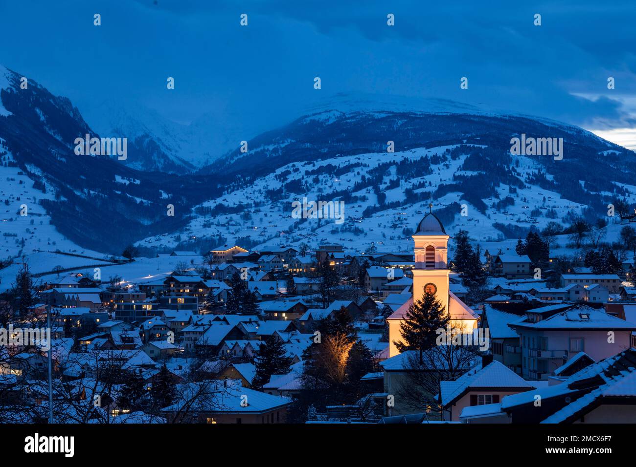 Village view, Mauren in winter, snow, church, twilight, blue hour ...
