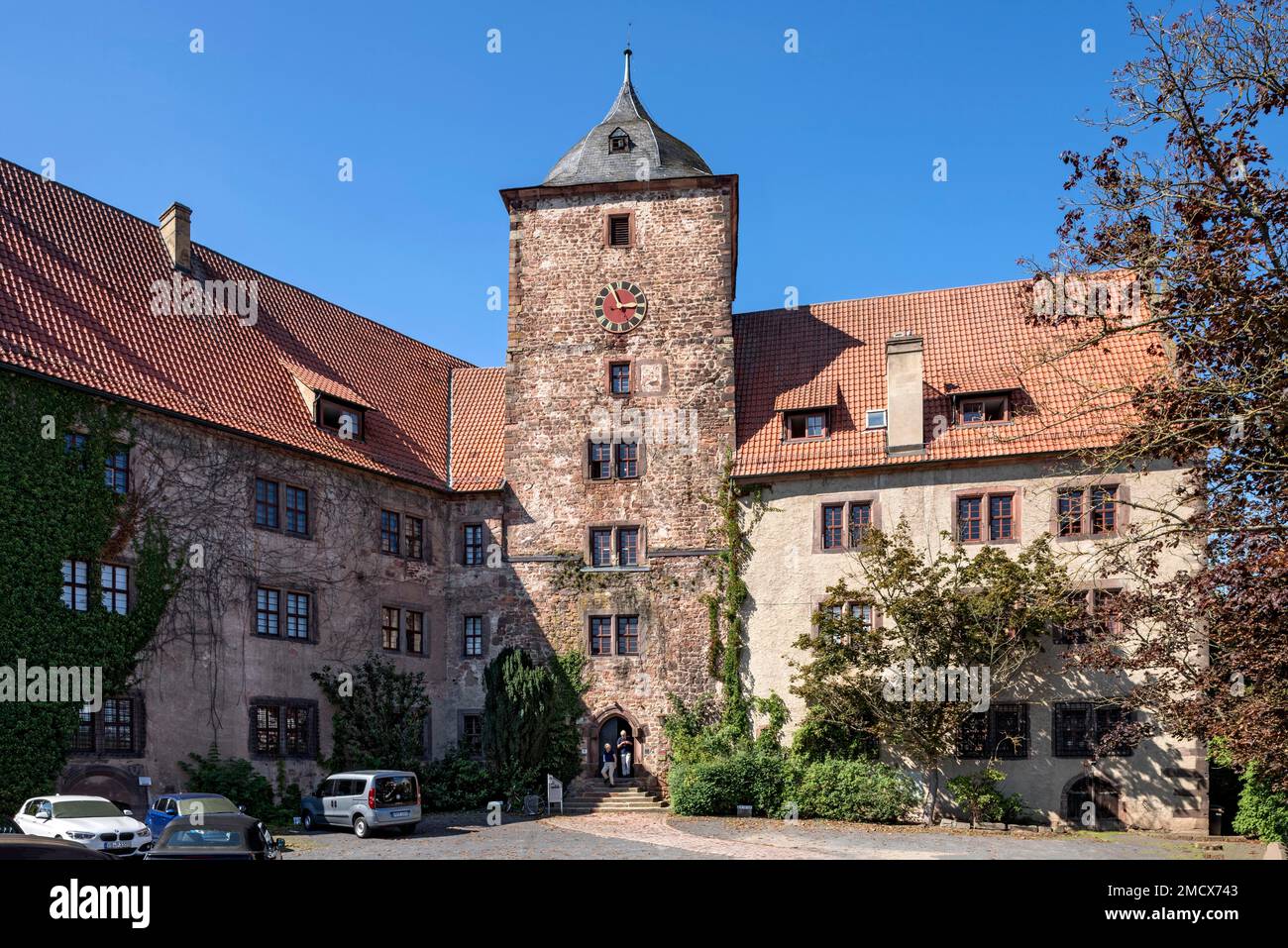 Medieval front castle with residential tower, hotel and castle museum ...