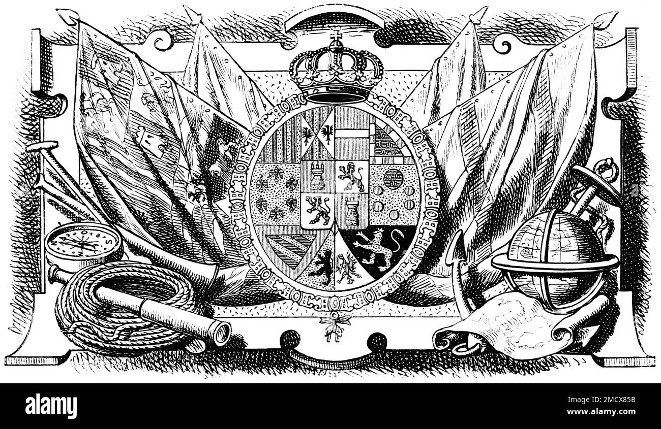 Emblem, seafaring nation, power, royal crown, flags, globe, map, rope ...