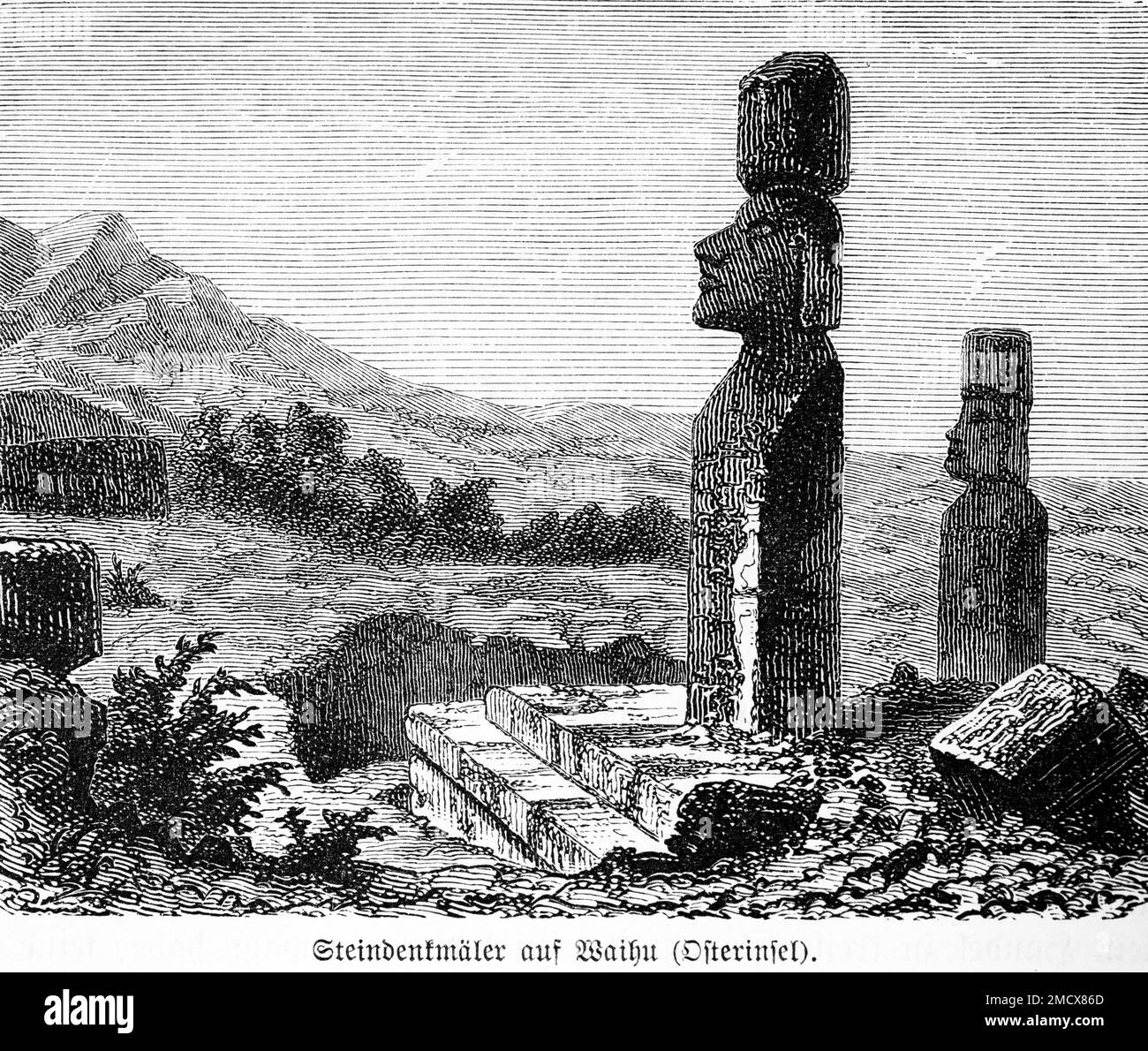 Moai, stone monuments, landscape, mountains, faces, historical ...