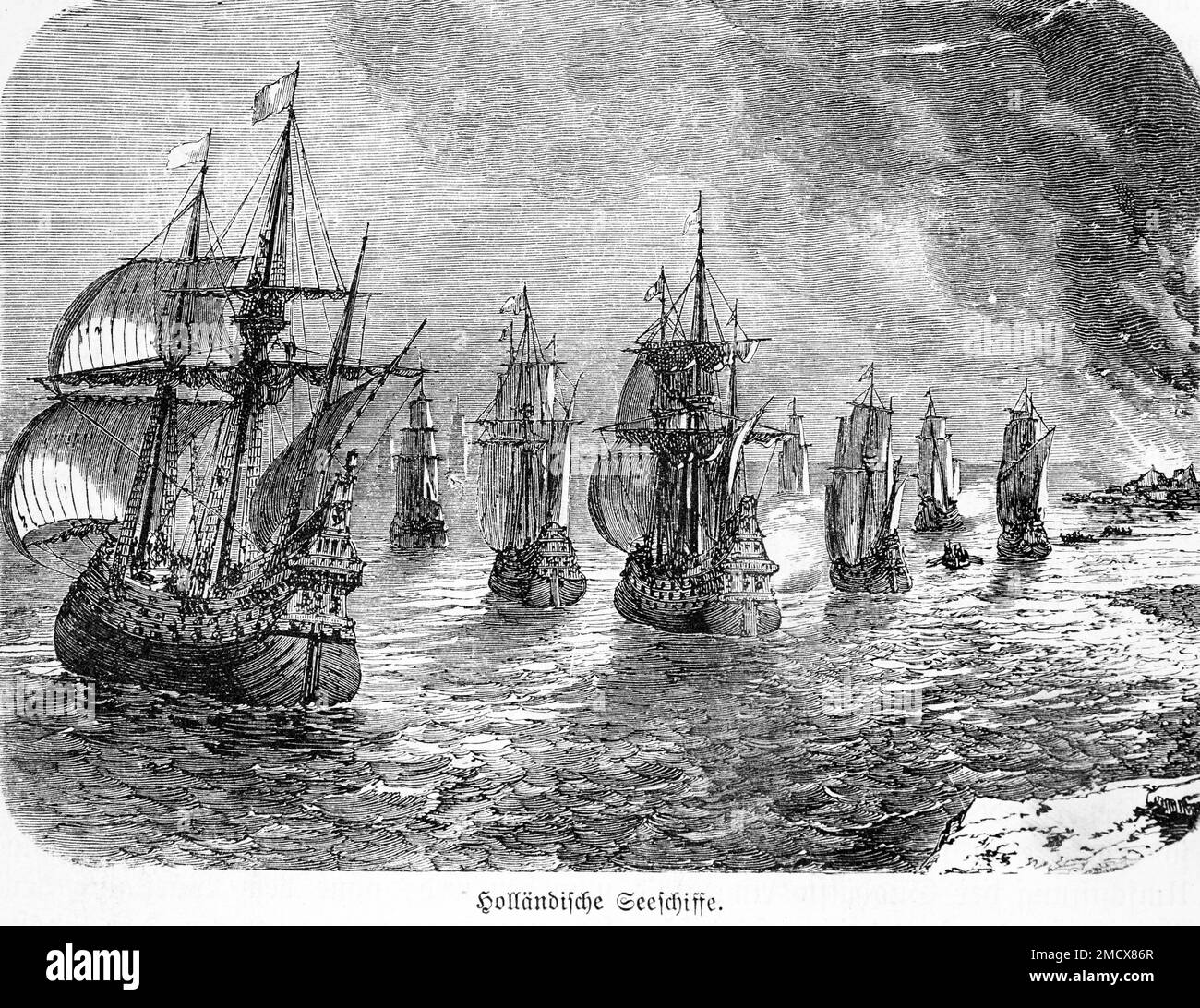 Dutch warships, sea, fleet, sailing, flags, historical illustration ...