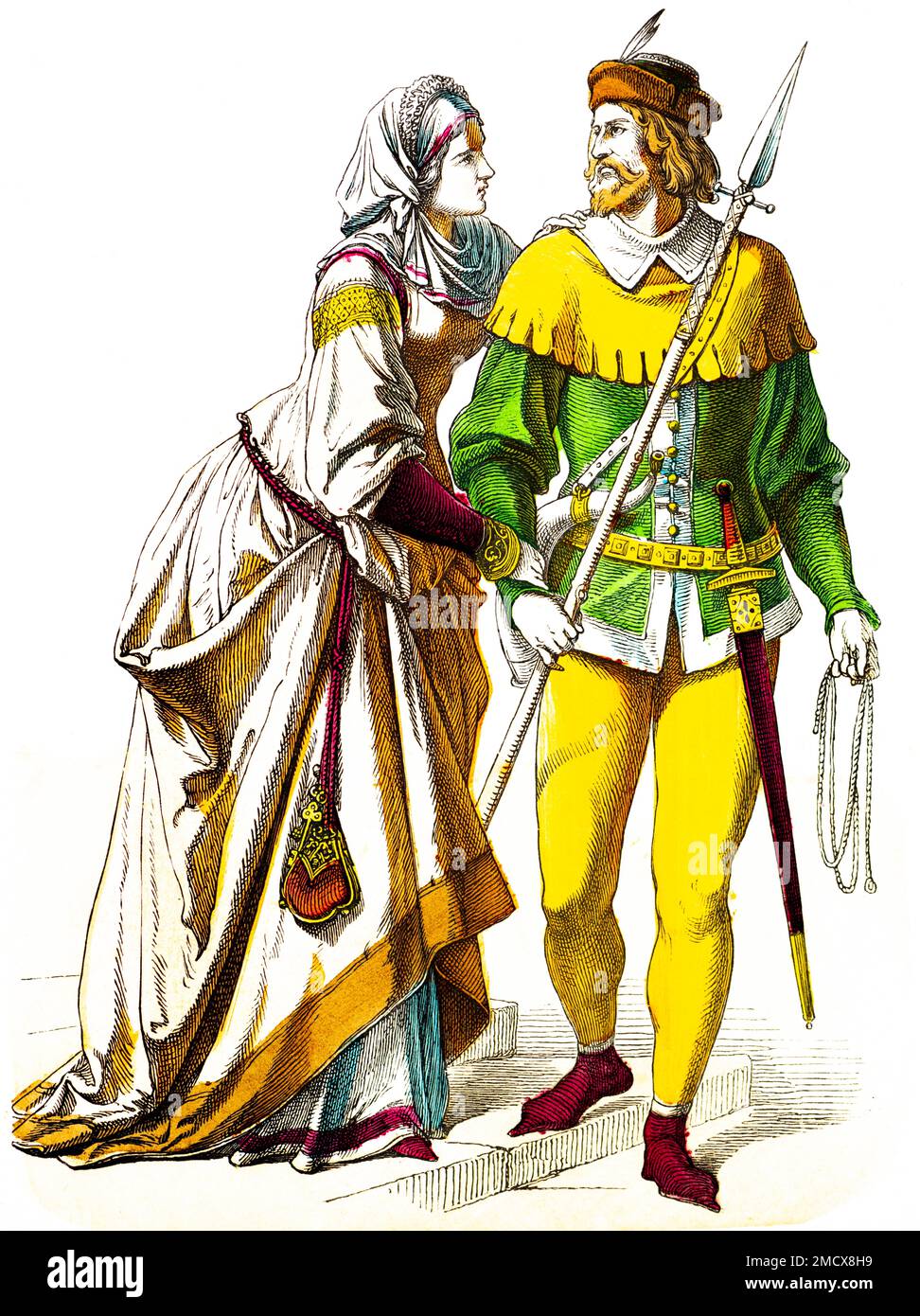 Muenchener Bilderbogen, costumes, 14th century, German castle woman and ...