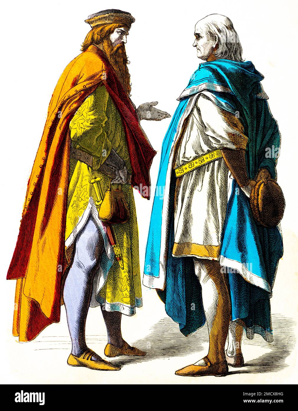 Muenchener Bilderbogen, Costumes, 14th century, Two noblemen, old men ...