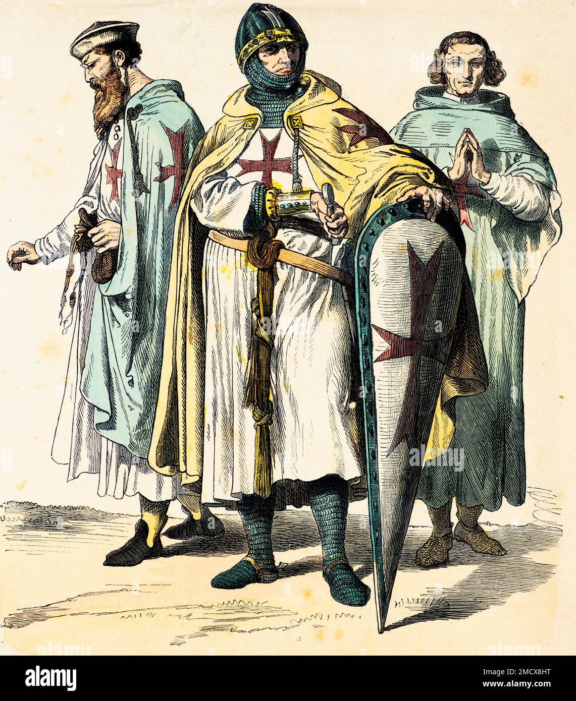 Munich picture sheet, costumes, 12th and 13th century, three Templars ...