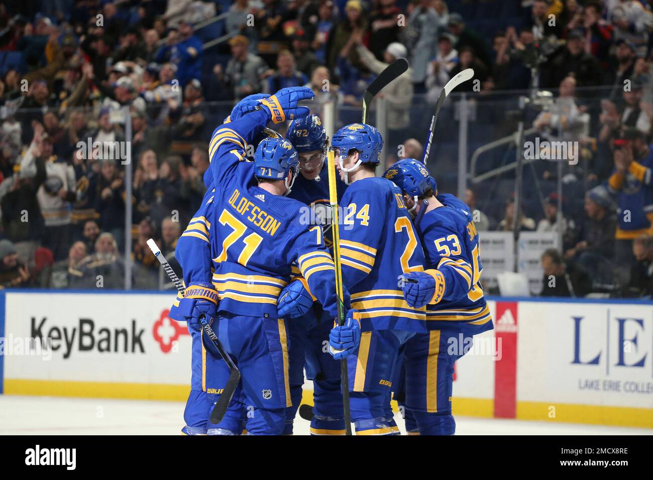 Buffalo Sabres' players celebrate after a goal by right wing Tage ...