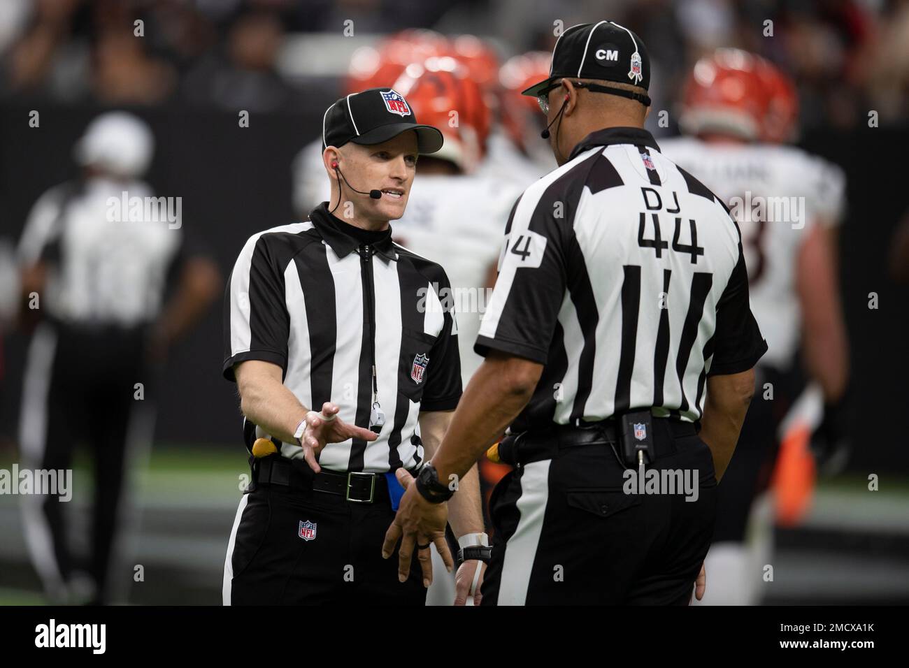 Umpire Jeff Rice (44) and side judge Joe Larrew (73) have a ...