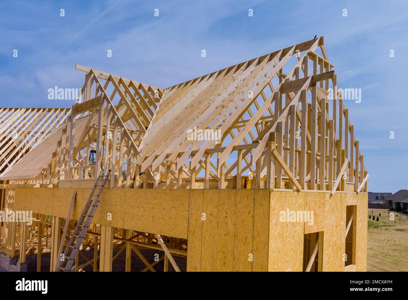 During construction of new stick home wooden roof beam was constructed ...