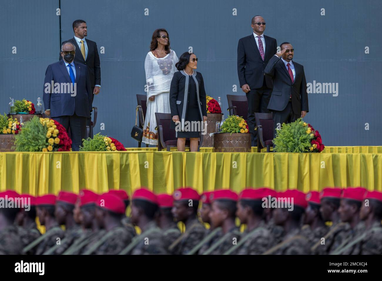 FILE - Ethiopia's Prime Minister Abiy Ahmed, right, First Lady Zinash ...