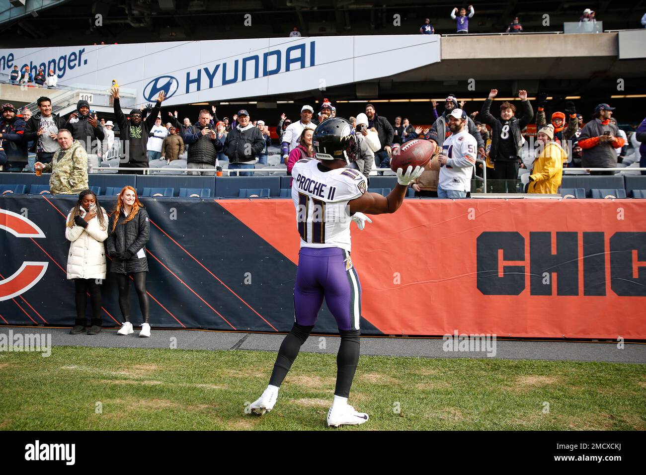 Baltimore Ravens wide receiver James Proche (11) throws the ball to ...