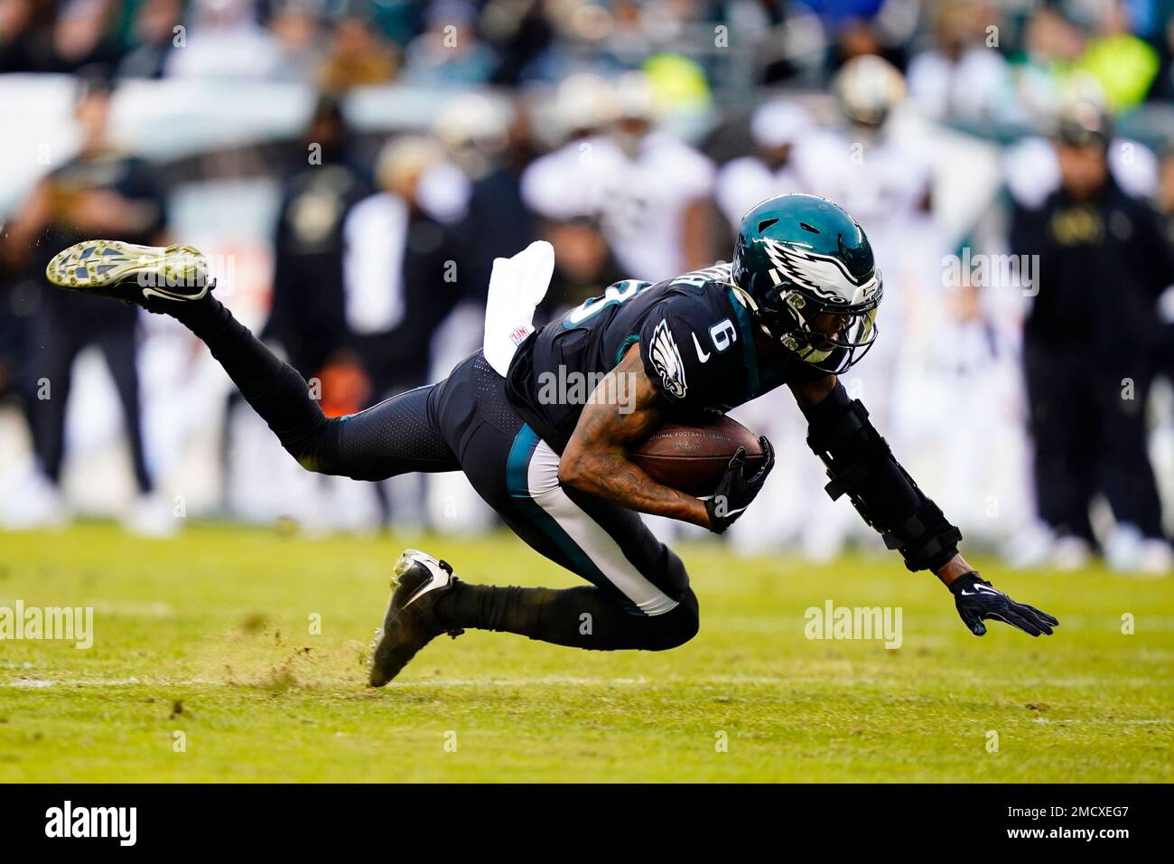 Philadelphia Eagles' DeVonta Smith plays during an NFL football game ...