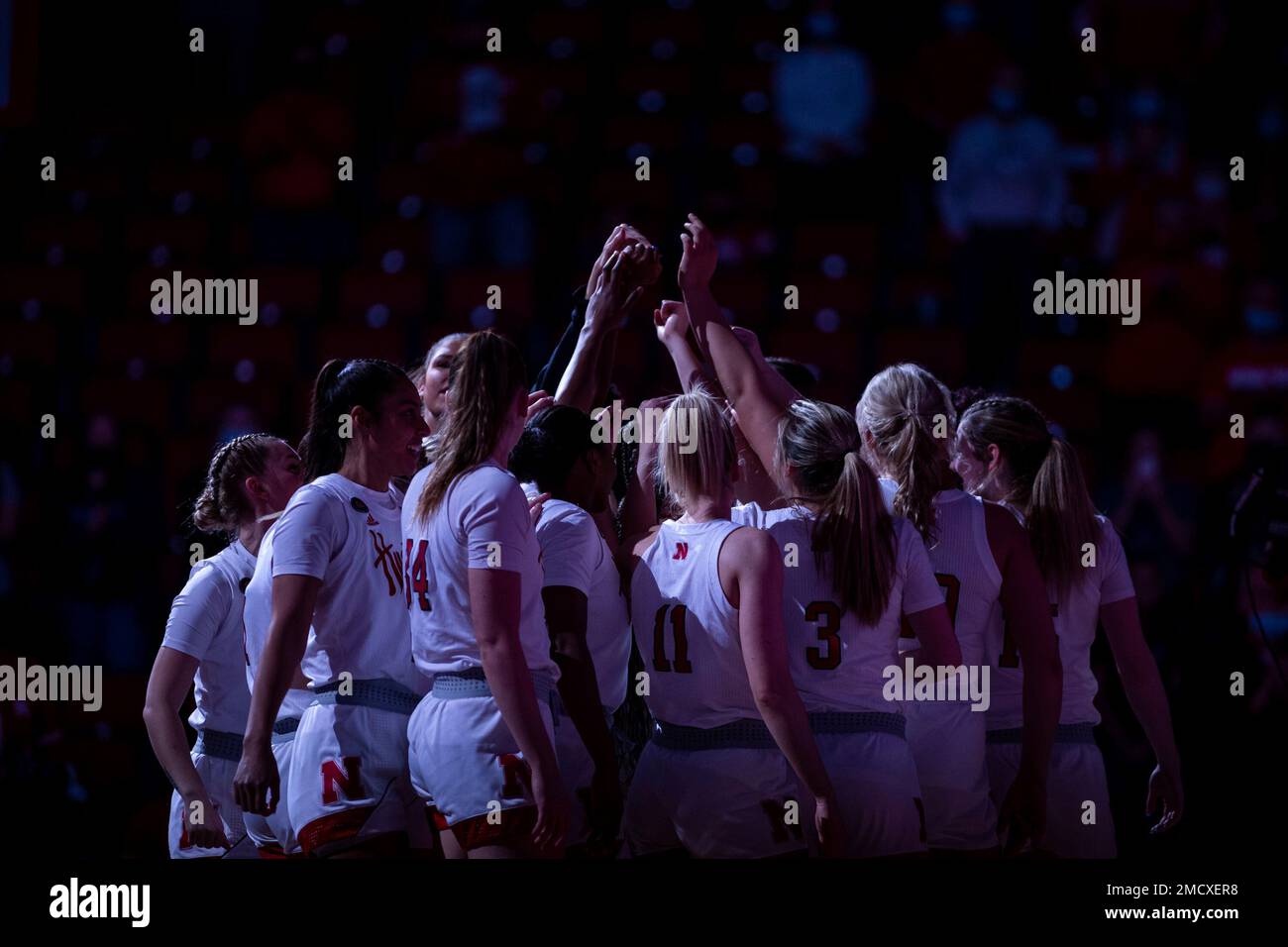 Nebraska huddle up before taking on Creighton during an NCAA basketball ...