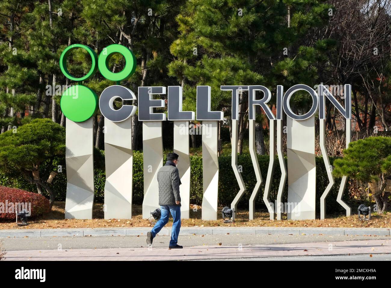 A logo of Celltrion is seen at its headquarters in Incheon, South Korea ...
