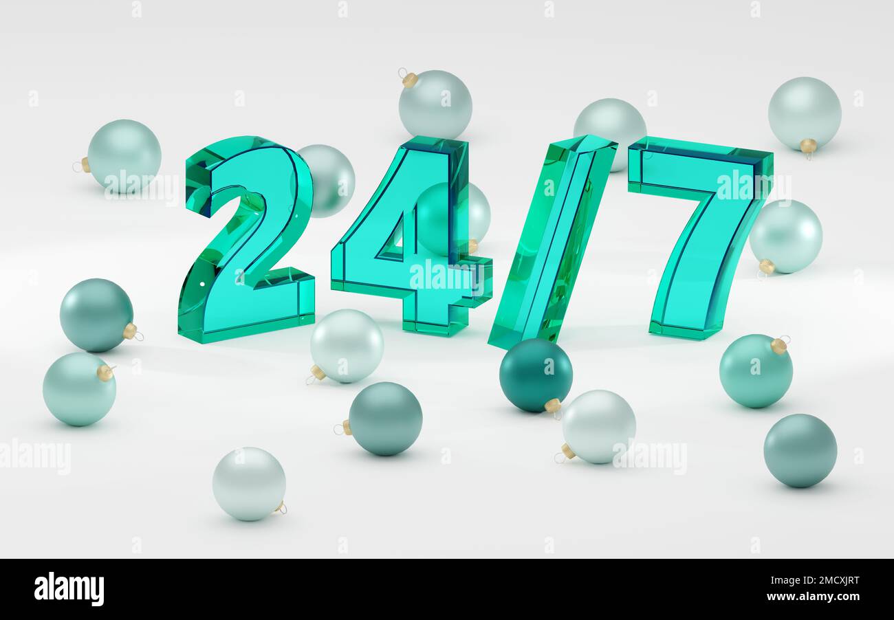 3d render 24 7 blue glass sign on light background. For christmass ...