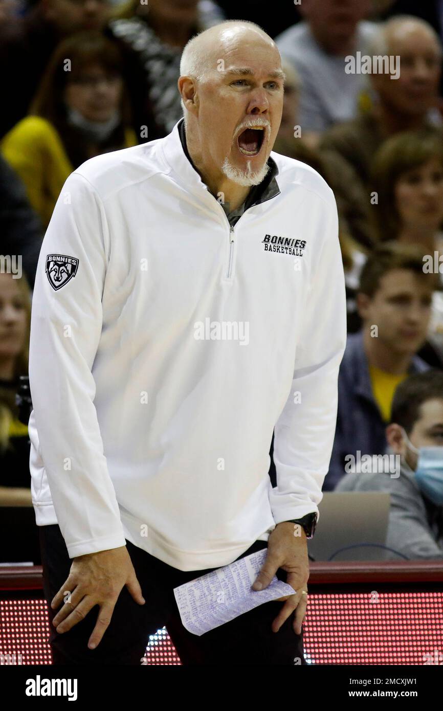 St. Bonaventure head coach Mark Schmidt yells to his players in the ...