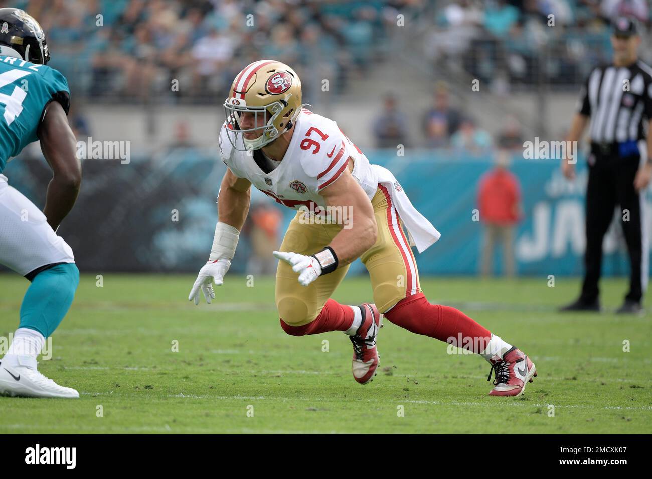 San Francisco 49ers defensive end Nick Bosa (97) follows a play during ...
