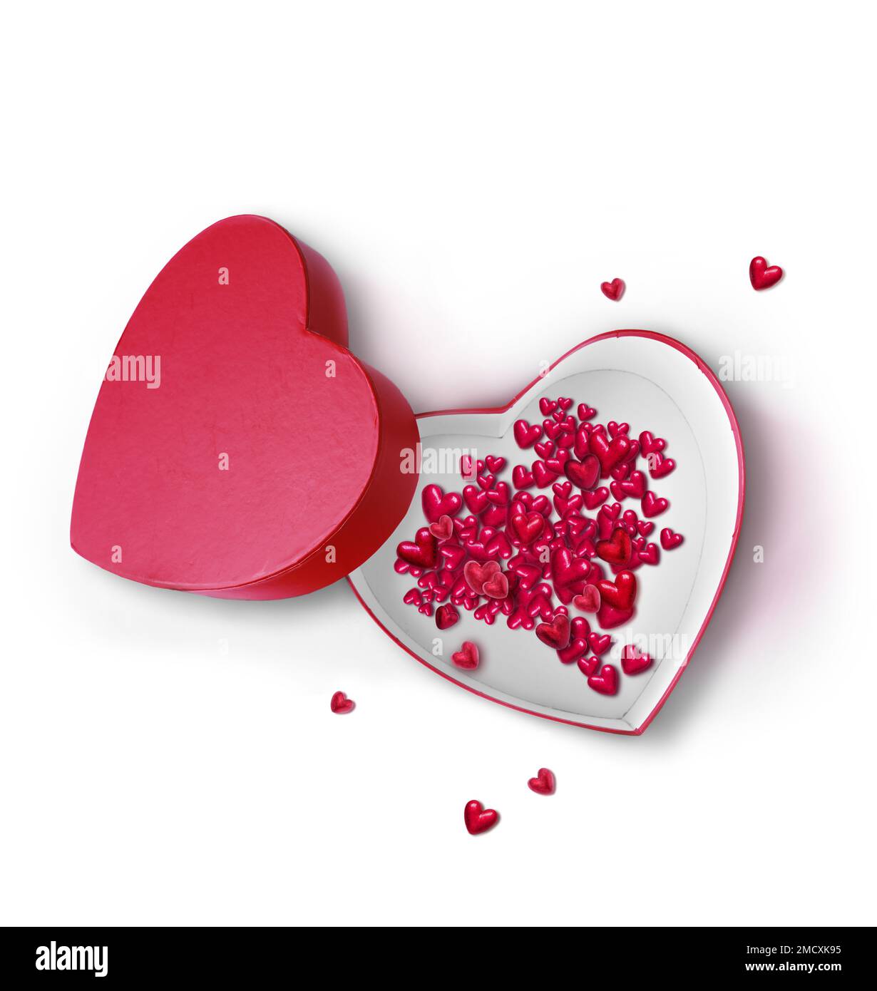 Open heart shaped gift box with red hearts on white background. Design ...