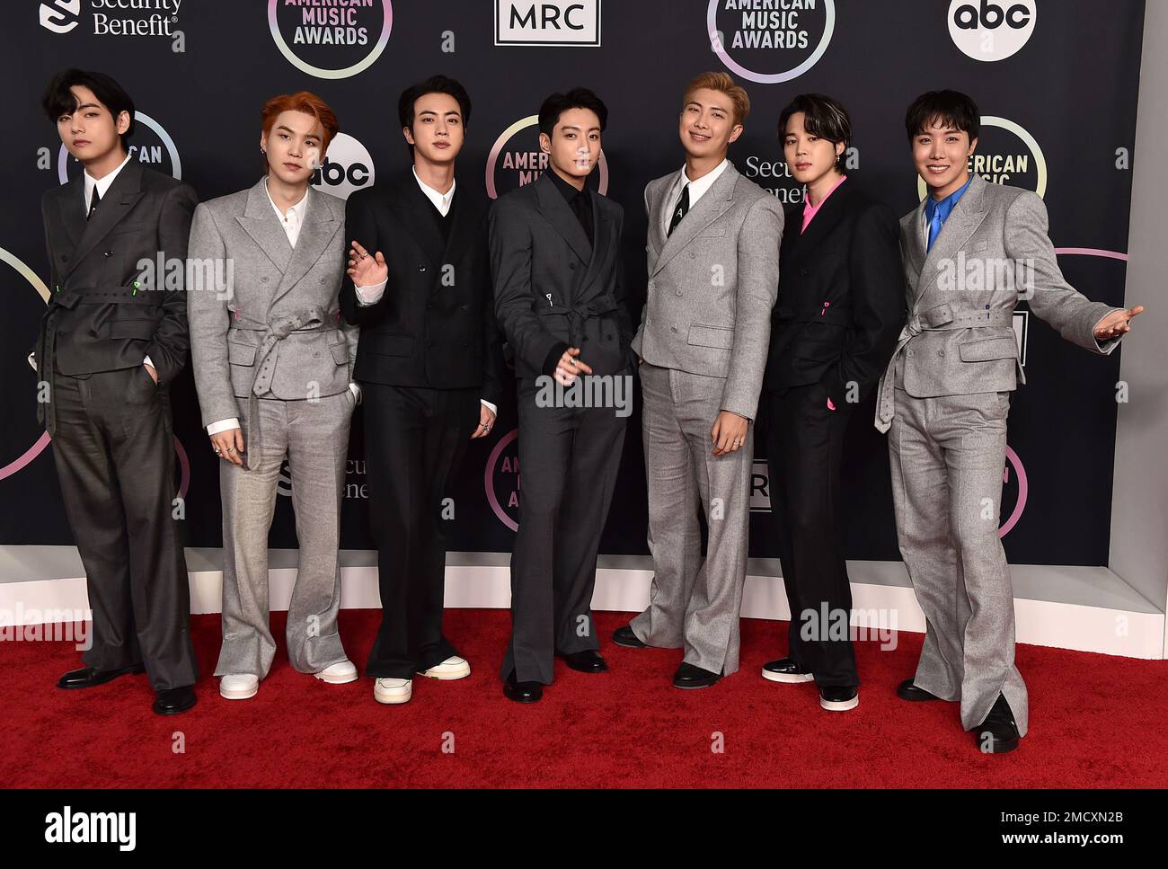 BTS arrives at the American Music Awards on Sunday, Nov. 21, 2021, at ...