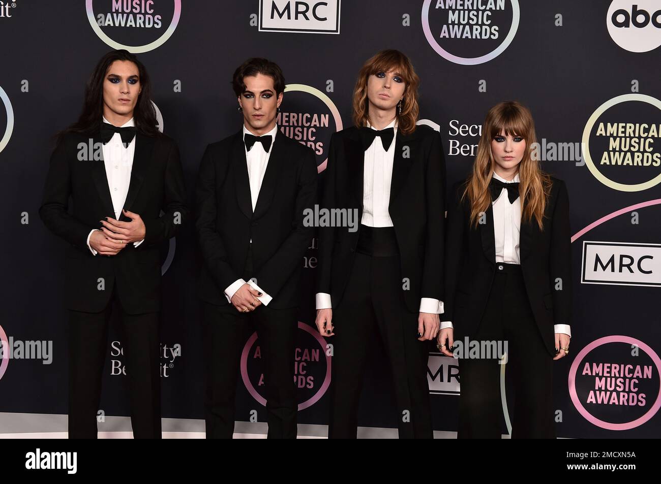 Ethan Torchio, from left, Damiano David, Thomas Raggi, Victoria De Angelis of Maneskin arrive at ...