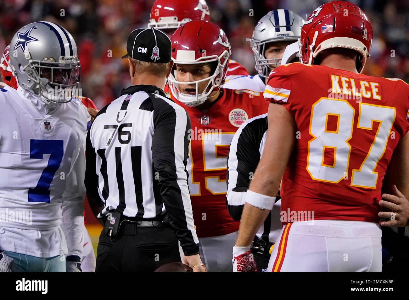 Kansas City Chiefs quarterback Patrick Mahomes (15) talks with umpire ...