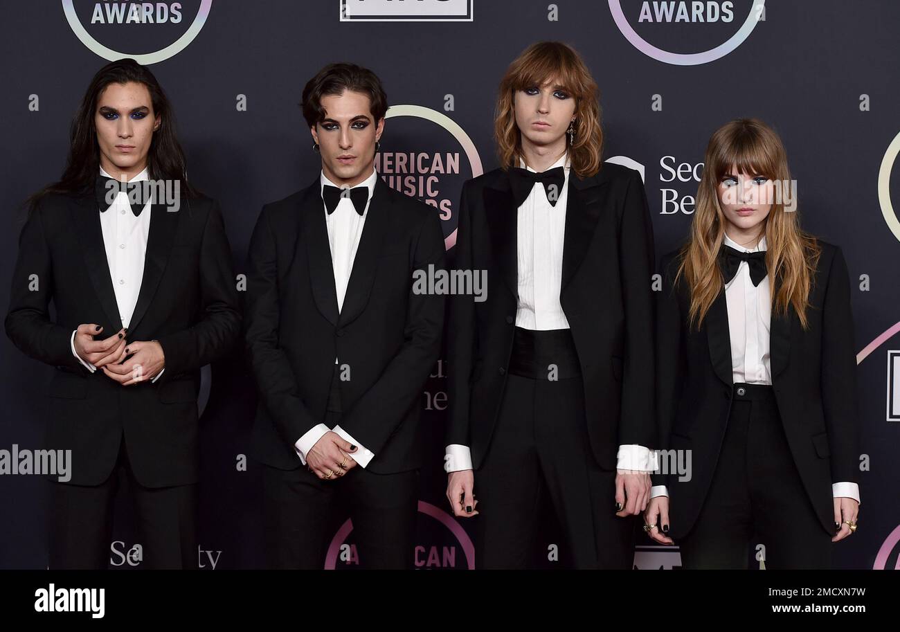 Ethan Torchio, from left, Damiano David, Thomas Raggi and Victoria De Angelis of Maneskin arrive ...