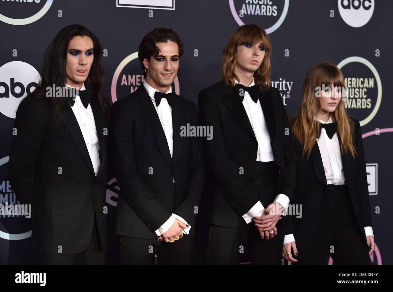 Ethan Torchio, from left, Damiano David, Thomas Raggi, Victoria De Angelis of Maneskin arrive at ...