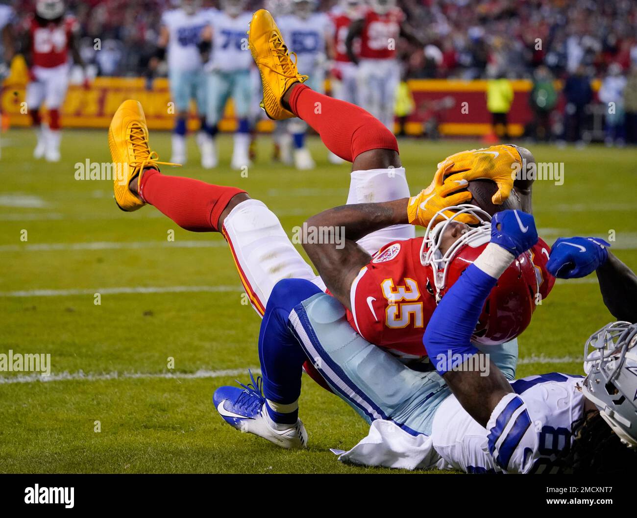 Kansas City Chiefs cornerback Charvarius Ward (35) intercepts a pass ...