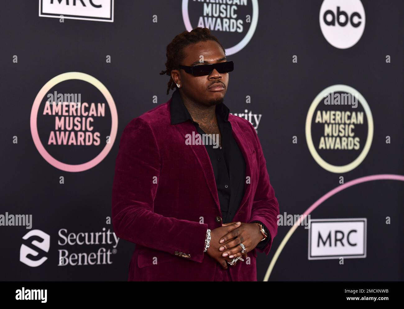 Gunna arrives at the American Music Awards on Sunday, Nov. 21, 2021, at ...