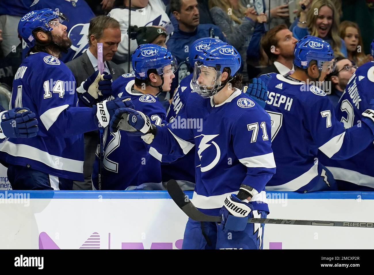 Tampa Bay Lightning center Anthony Cirelli (71) celebrates with the ...