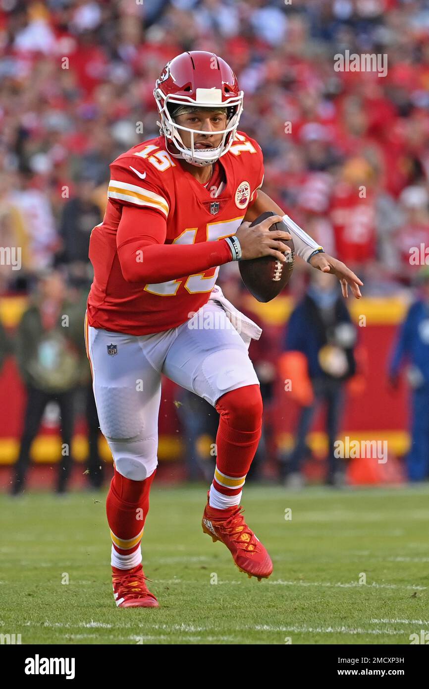 Kansas City Chiefs quarterback Patrick Mahomes (15) rolls out during an ...