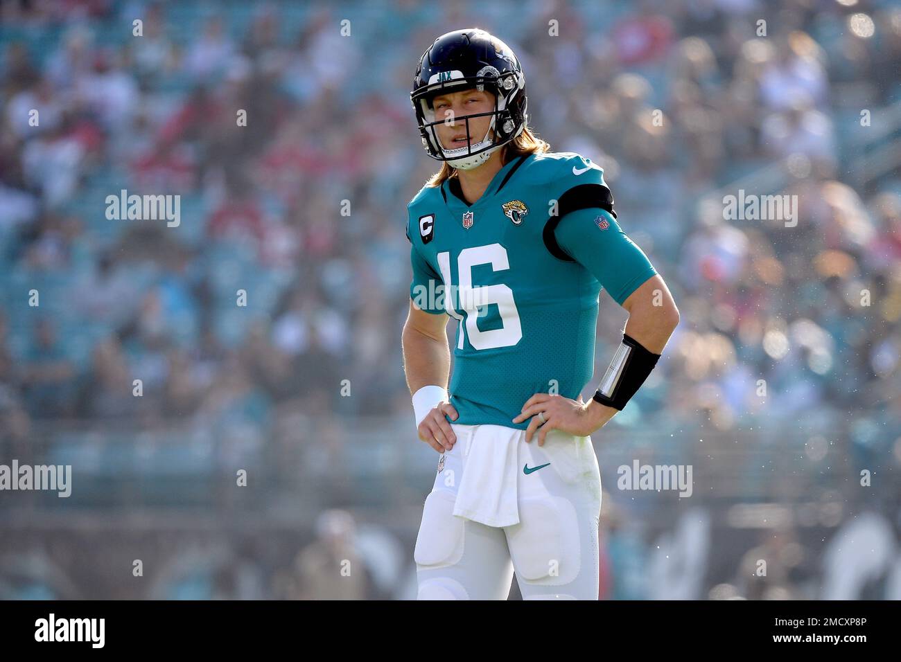 Jacksonville Jaguars quarterback Trevor Lawrence walks on the field ...
