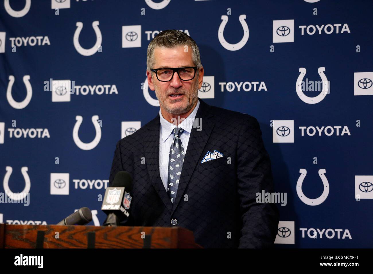 Indianapolis Colts head coach Frank Reich meets with reporters after an ...