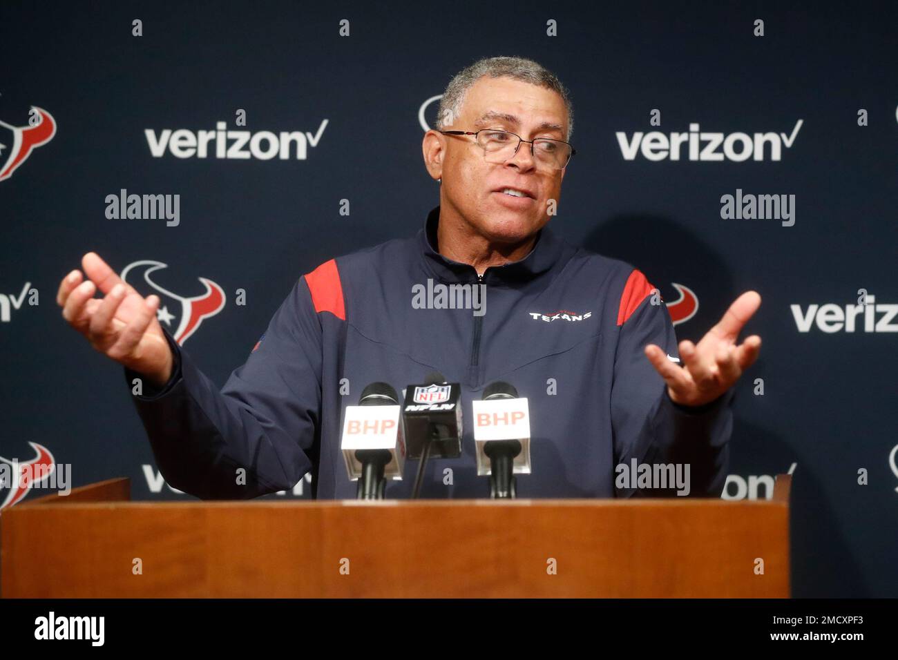 Houston Texans head coach David Culley answers questions after an NFL ...