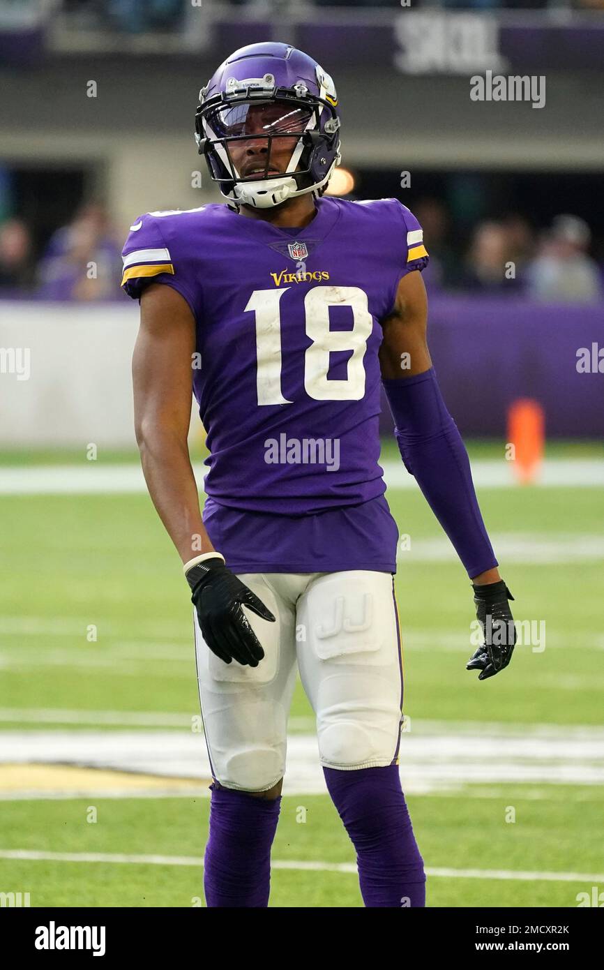 Minnesota Vikings wide receiver Justin Jefferson (18) gets set for a ...