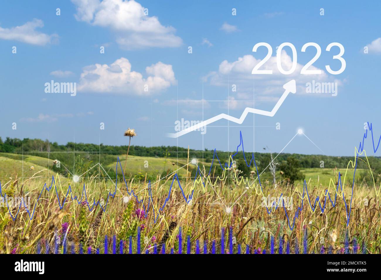 Land value landscape of green field or agriculture farm, growth graph ...