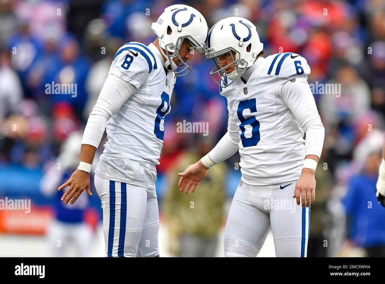 Indianapolis Colts kicker Mike Badgley (6) celebrates kicking an extra ...
