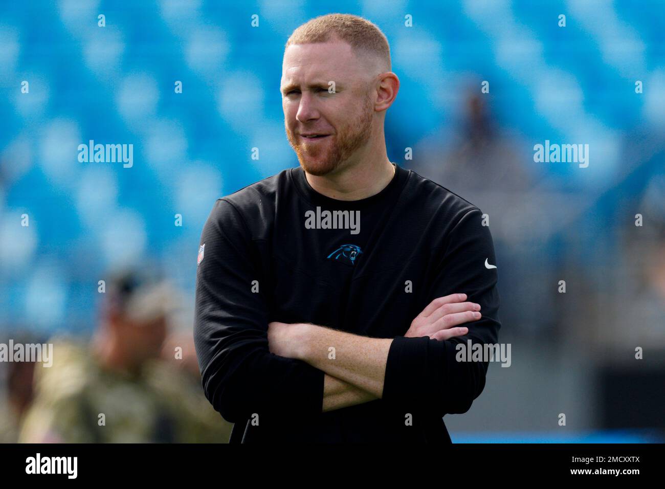 Carolina Panthers' Joe Brady watches during warm ups before an NFL ...