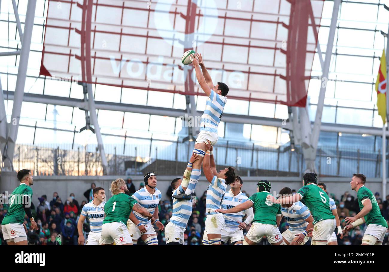 Argentina's Guido Petti, top, catches the ball during a lineout for the ...