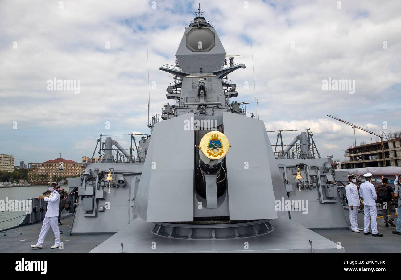 Indian Navy officers stand on the deck of INS Visakhapatnam, the ...