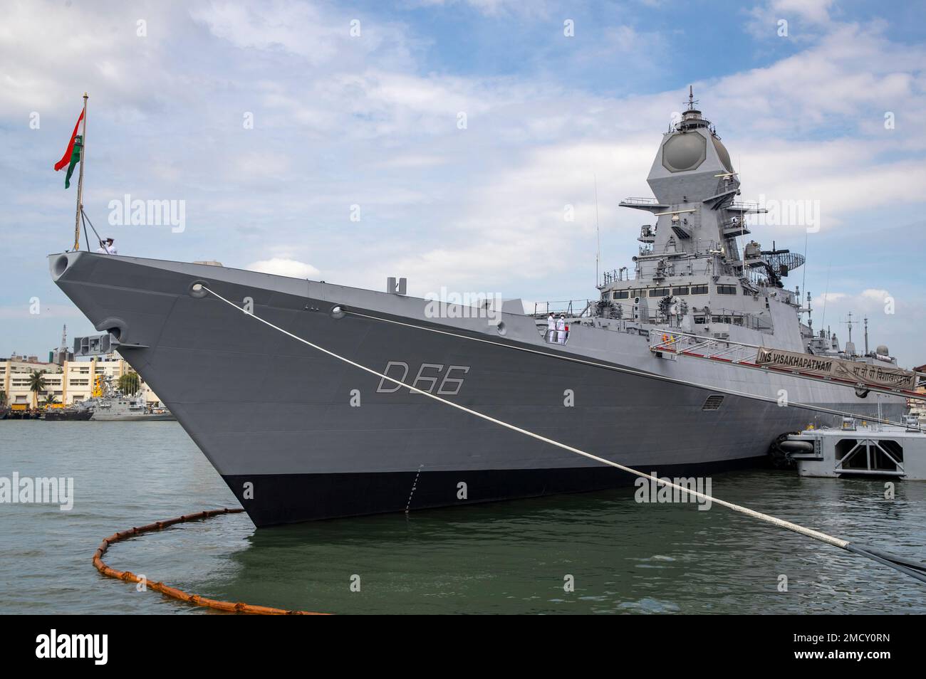 Indian Navy officers are seen on the deck of INS Visakhapatnam, the ...