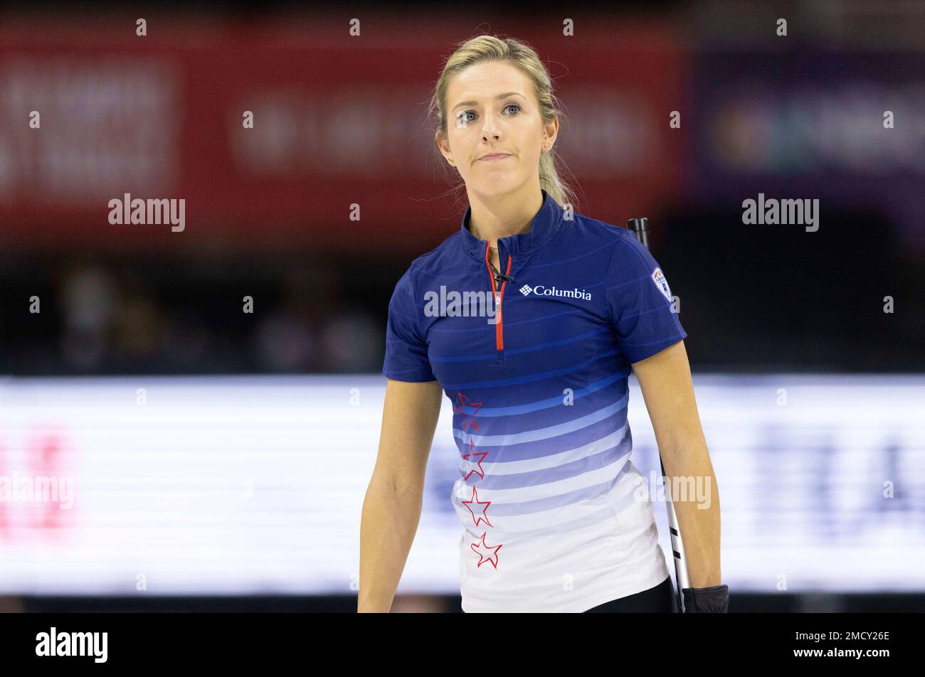 Team Christensen's Vicky Persinger reacts to the curl of the rock she ...