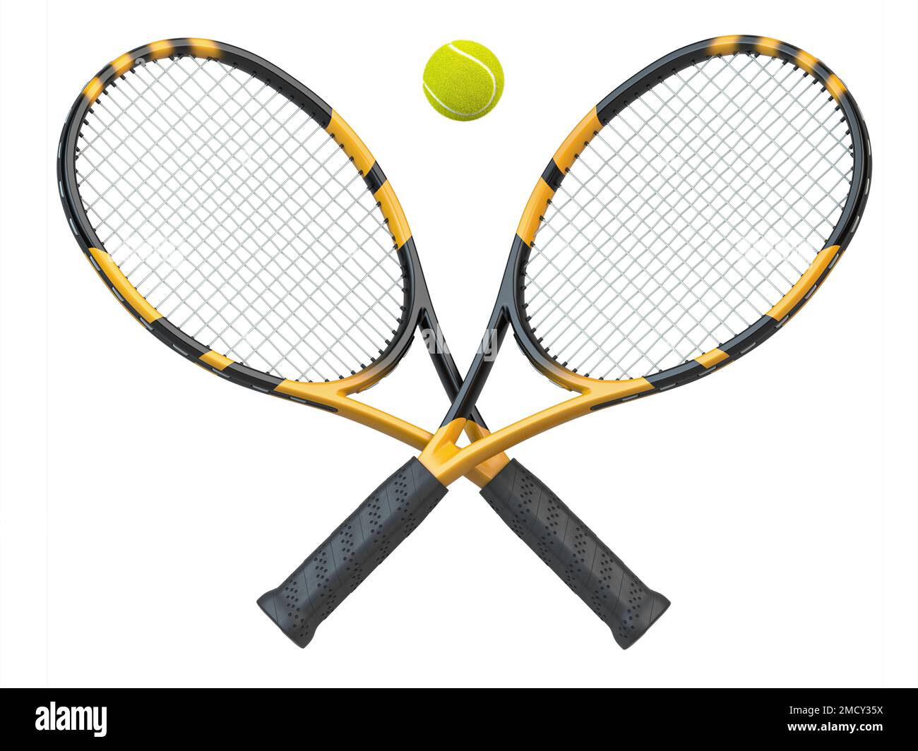 Tennis racket and tennis ball isolated on white background. 3d ...