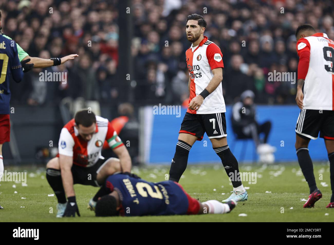 ROTTERDAM - (LR) Orkun Kokcu of Feyenoord, Jurrien Timber of Ajax, Alireza Jahanbaksh of ...
