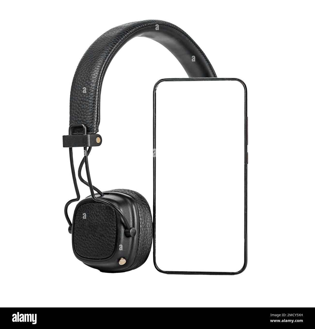 Mobile phone mockup, headphones isolated on white background ...