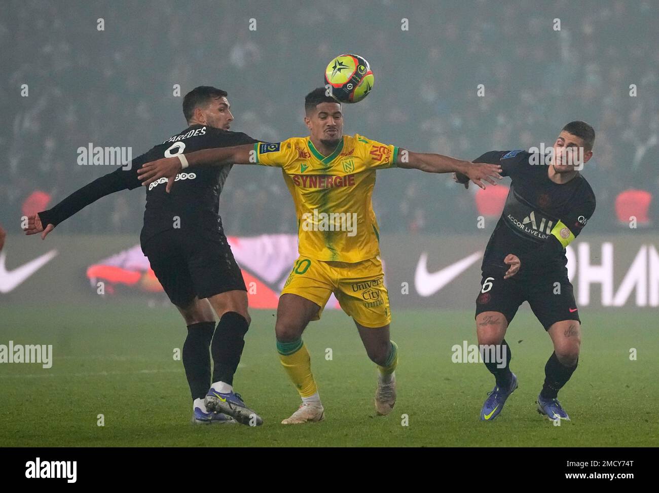 Nantes' Ludovic Blas, center, SG's Marco Verratti, right, and PSG's ...