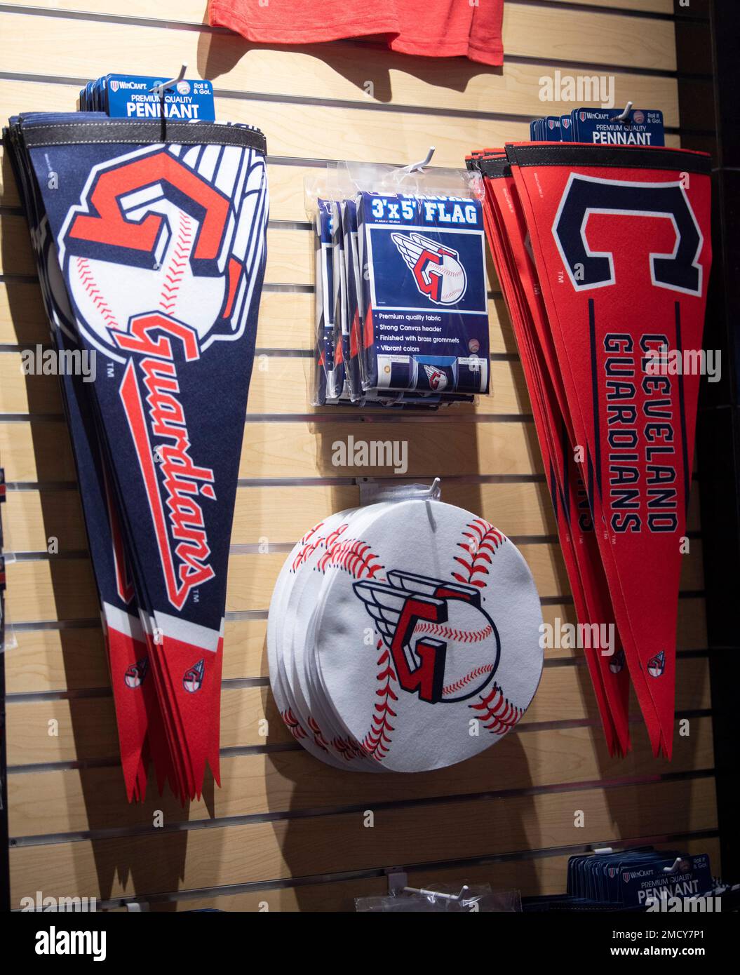 New merchandise is displayed at the opening of the Cleveland Guardians ...