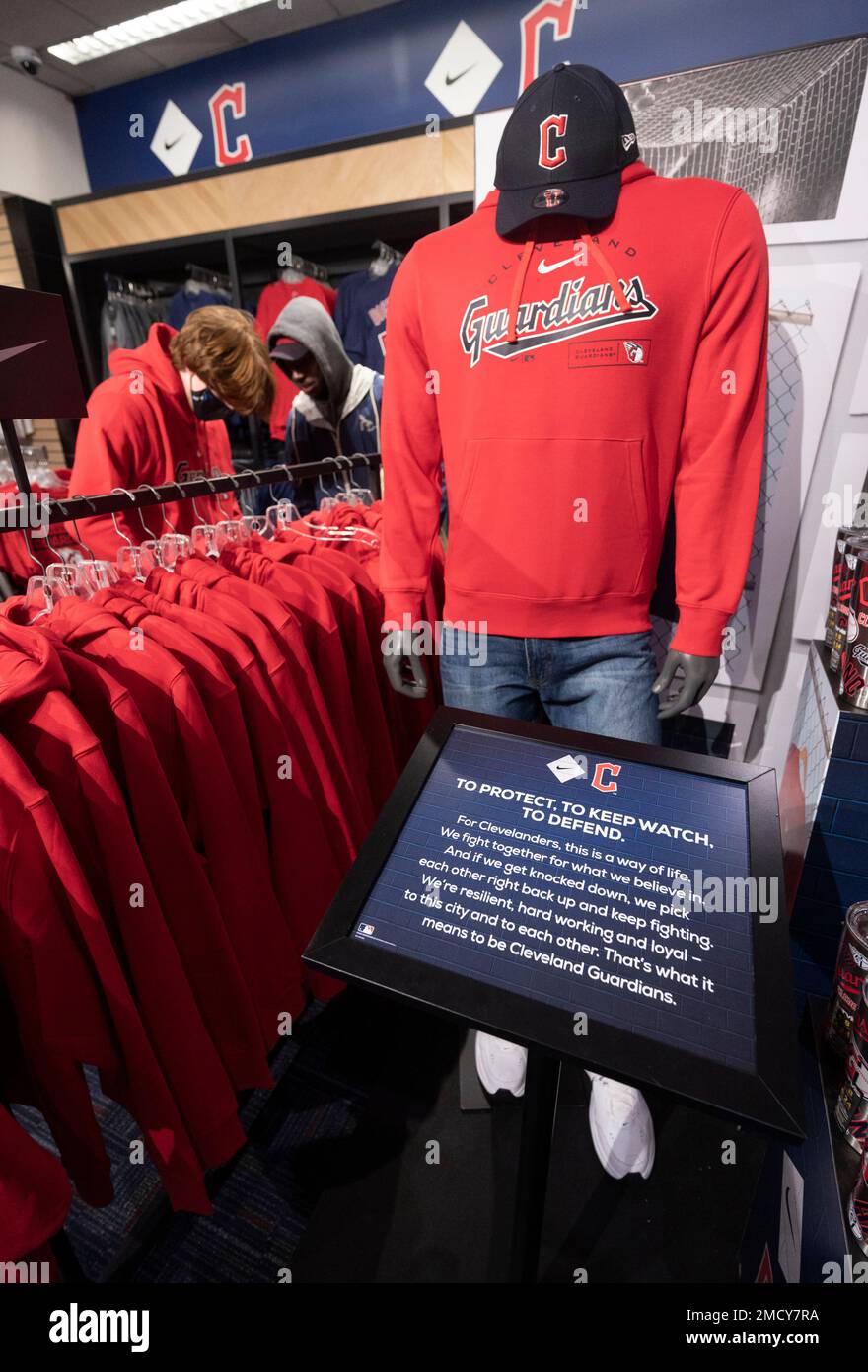 New merchandise is displayed at the opening of the Cleveland Guardians ...