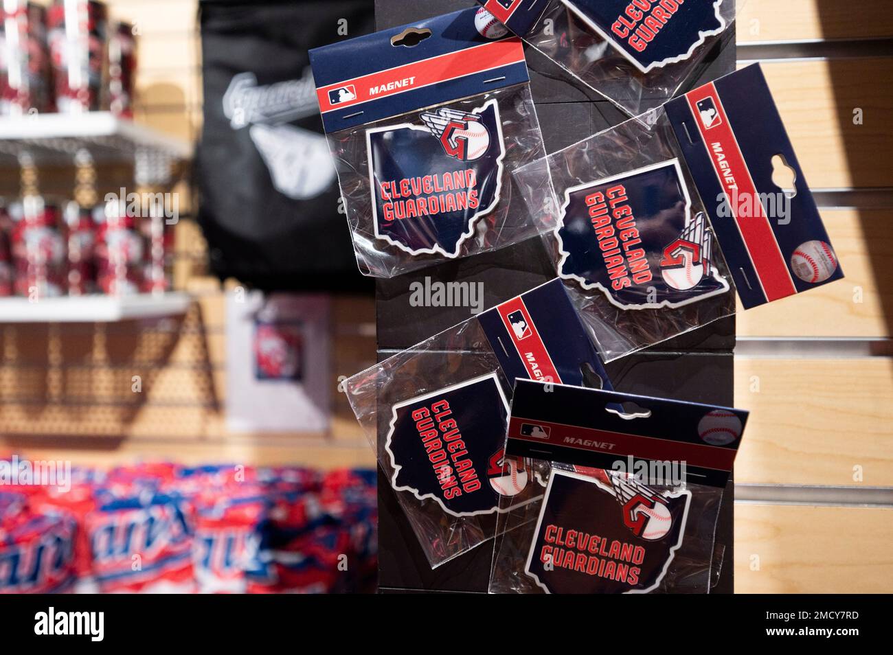 New merchandise is displayed at the opening of the Cleveland Guardians ...