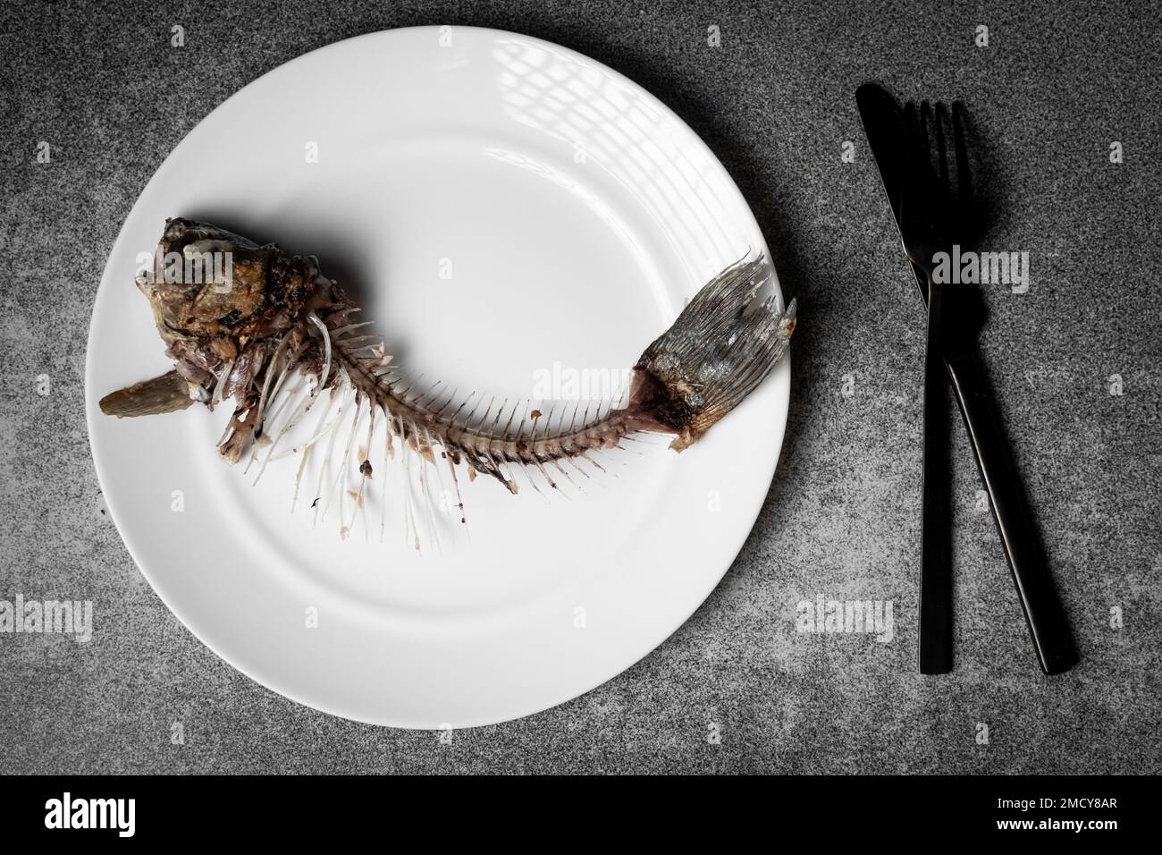 Fried fish skeleton, spine and bones on a white plate with a black ...
